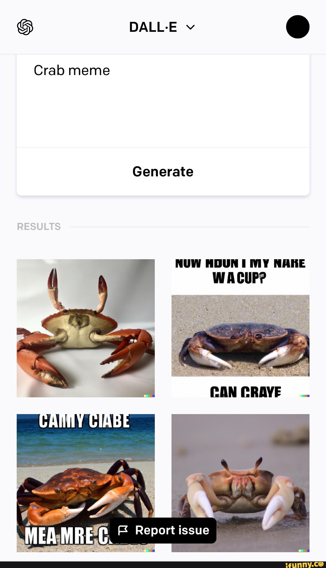 DALL-E v Crab meme Generate NUW ADUN IVY NARE WACUP? CANCRAYE RESULTS ...