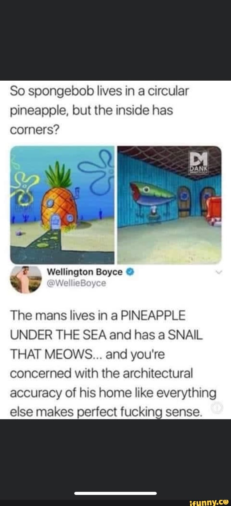 So spongebob lives in a circular pineapple, but the inside has corners ...