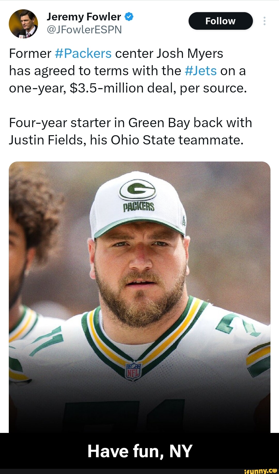 Jeremy Fowler Follow @JFowlerESPN Former #Packers center Josh Myers has ...