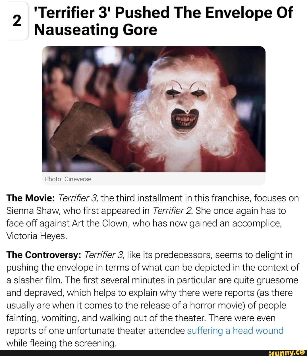 'Terrifier 3' Pushed The Envelope Of Nauseating Gore Photo: Cineverse ...