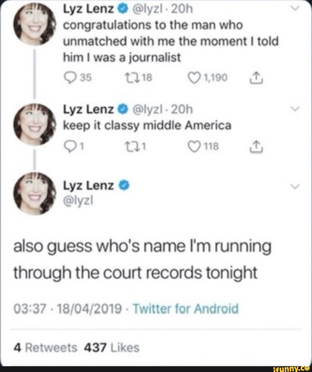 Lyz Lenz @ @lyz!. congratulations to the man who unmatched with me the ...