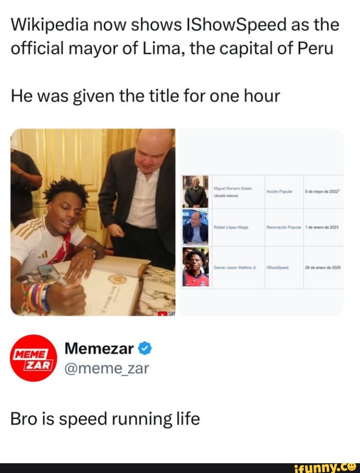 Wikipedia now shows IShowSpeed as the official mayor of Lima, the ...