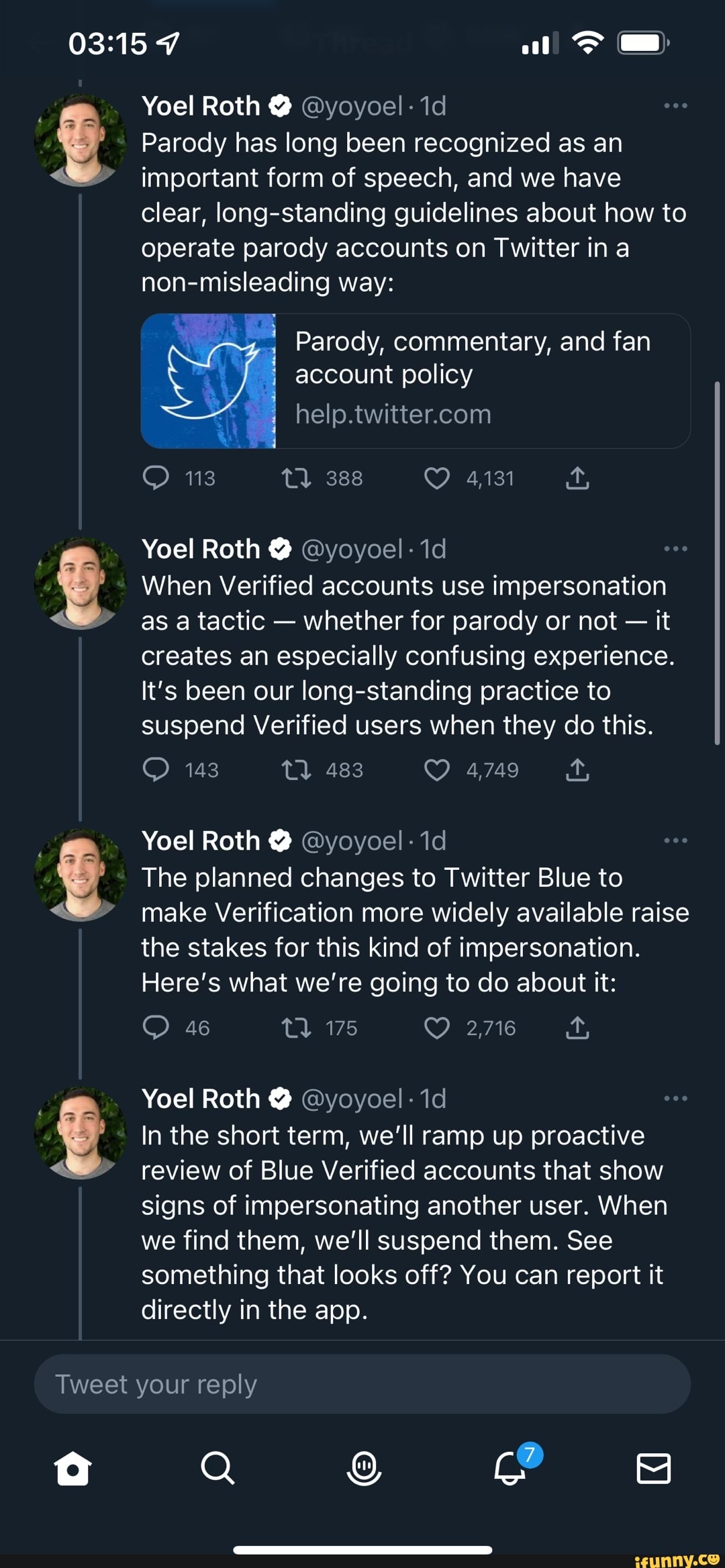Yoel Roth @yoyoe! id Parody has long been recognized as an important form of speech, and we have ...