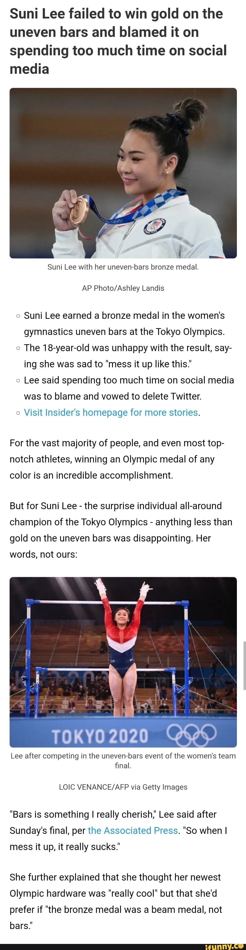Suni Lee failed to win gold on the uneven bars and blamed it on ...