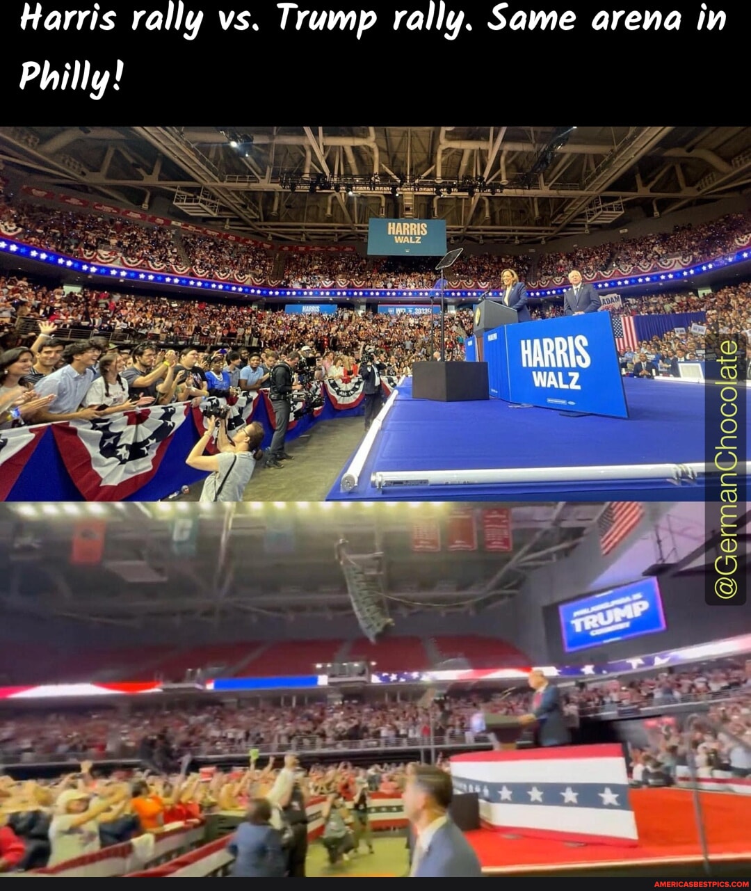 Harris rally vs. Trump rally. Same arena in Philly! WALZ I - America’s ...