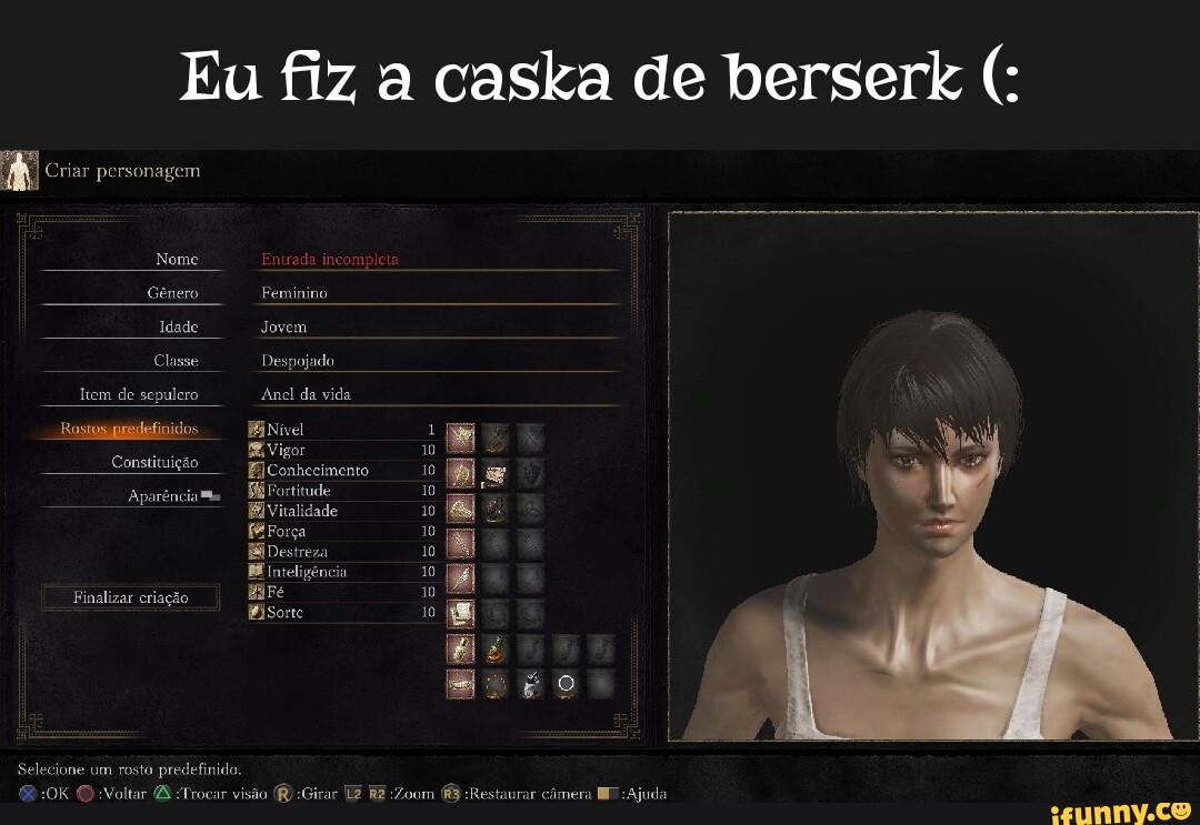 Eu fiz caska Criar personagem Nome Entrada incompleta Gênero Feminino ...