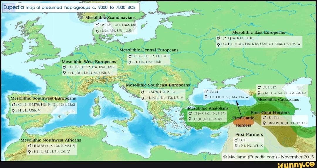 Eupedia map of presumed haplogroups c. 9000 to 7000 BCE 12a2 ...