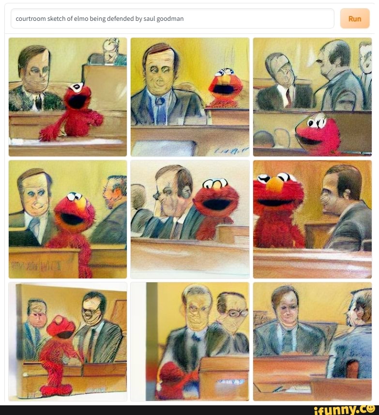 Courtroom sketch of elmo being defended by saul goodman - iFunny