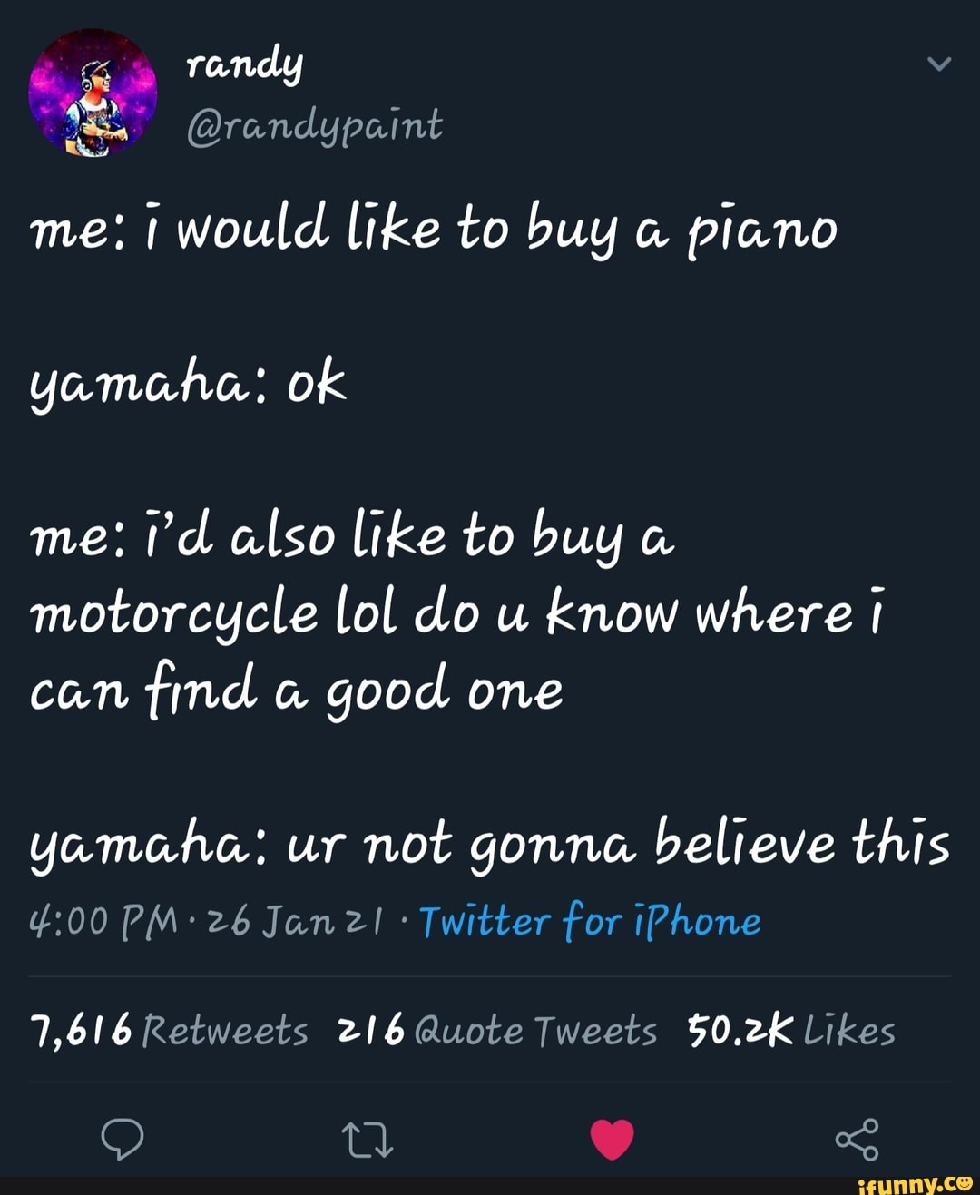 Tandy @randypaint me: would like to buy a piano yamaha: ok me: I'd also ...