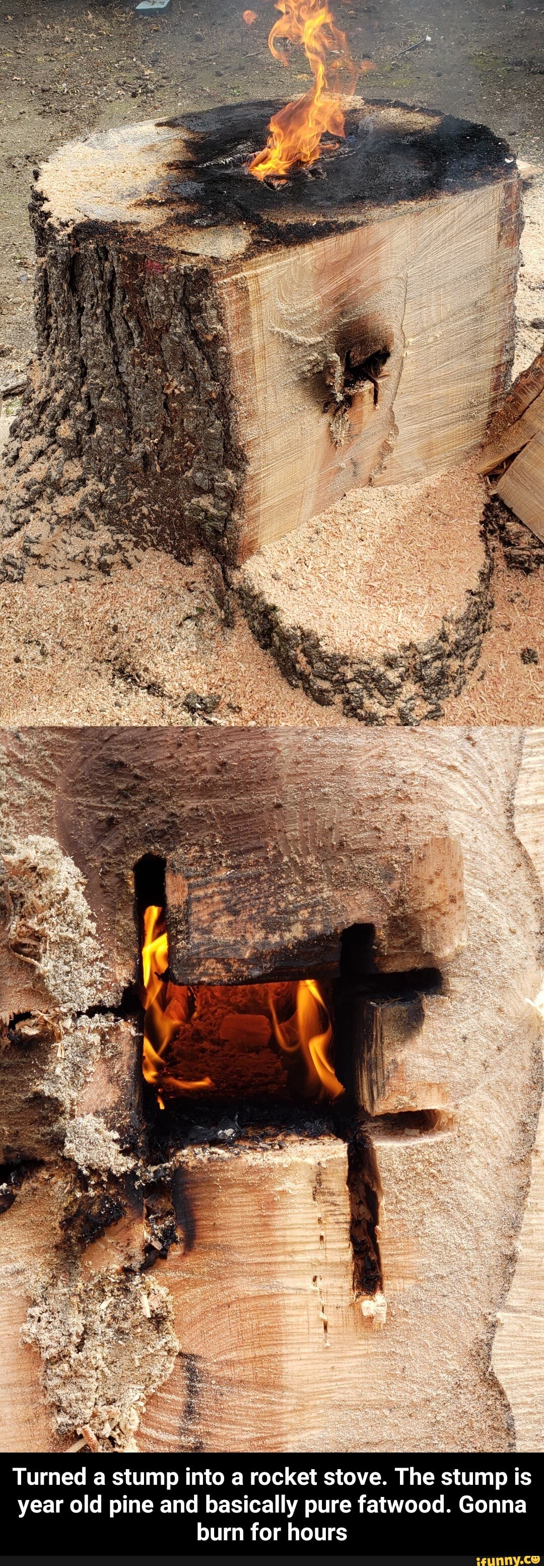 Turned a stump into a rocket stove. The stump is year old pine and ...