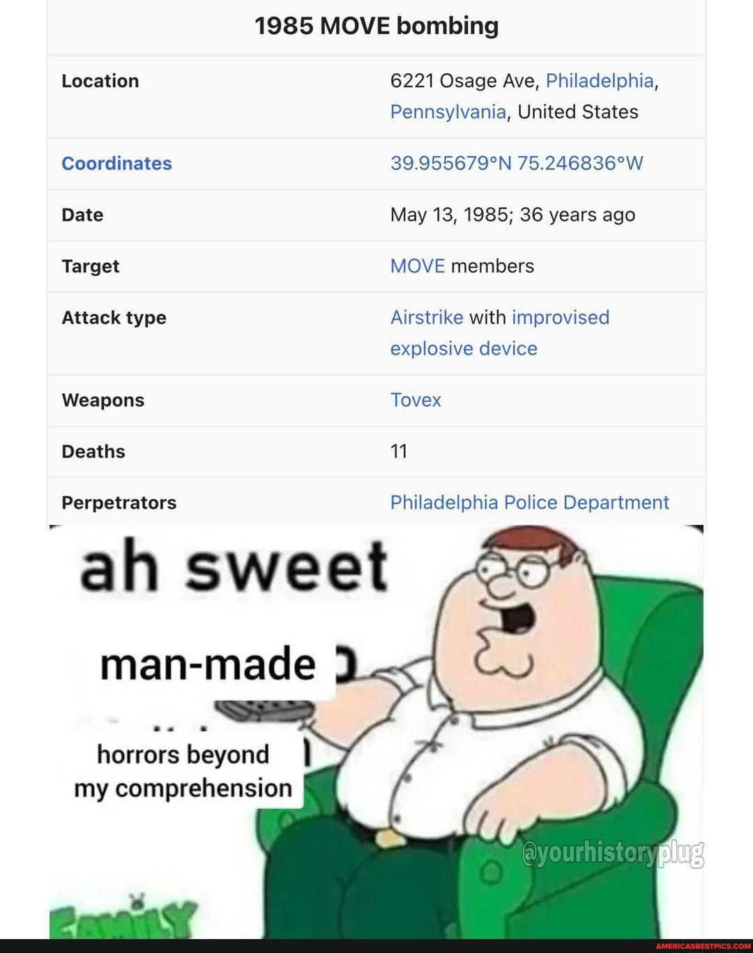 1985 MOVE bombing Location Coordinates Date Target Attack type Weapons ...