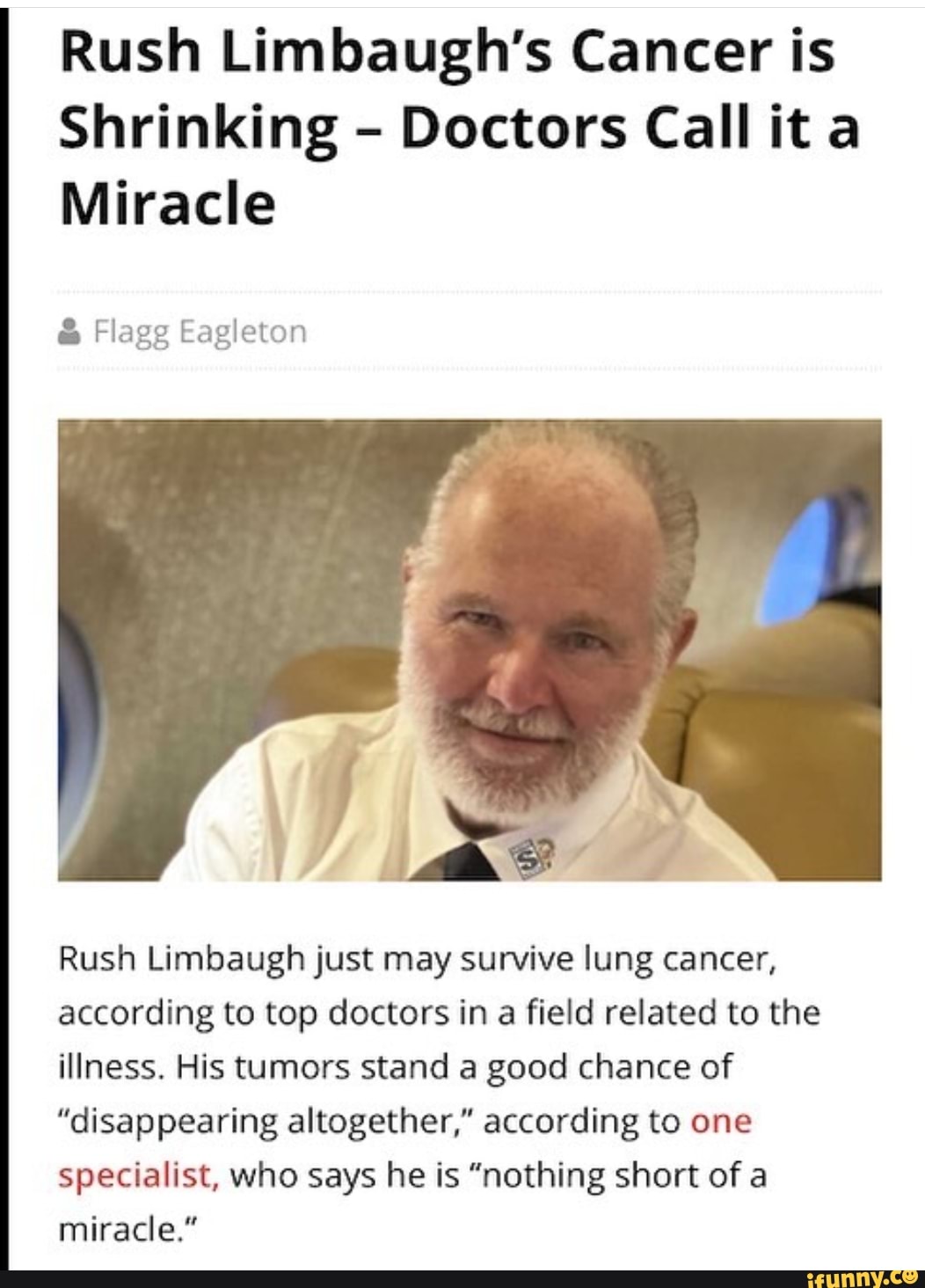 Rush Limbaugh's Cancer is Shrinking Doctors Call it a Miracle Rush ...