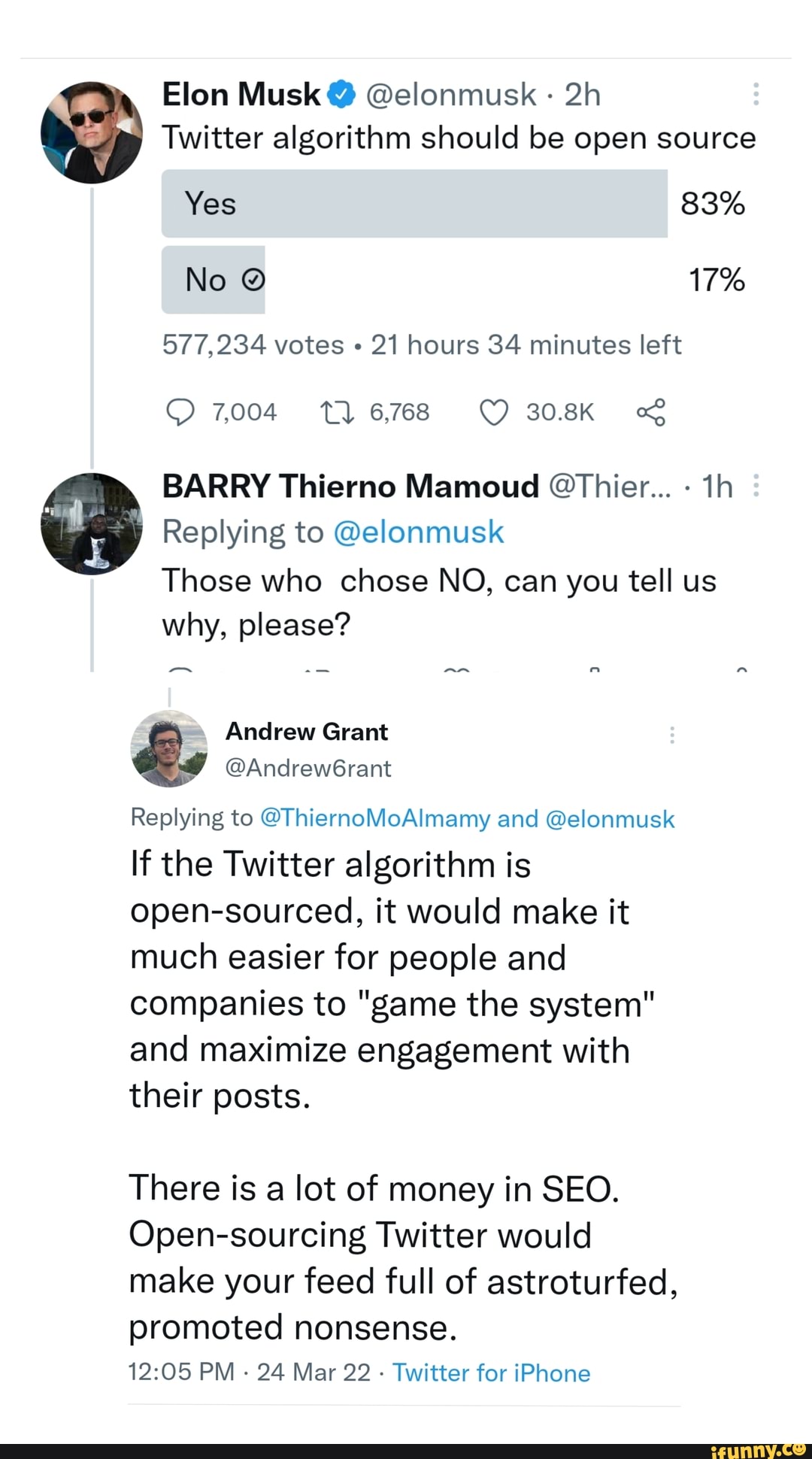 Elon Musk @ @elonmusk Twitter algorithm should be open source Yes No 17 ...