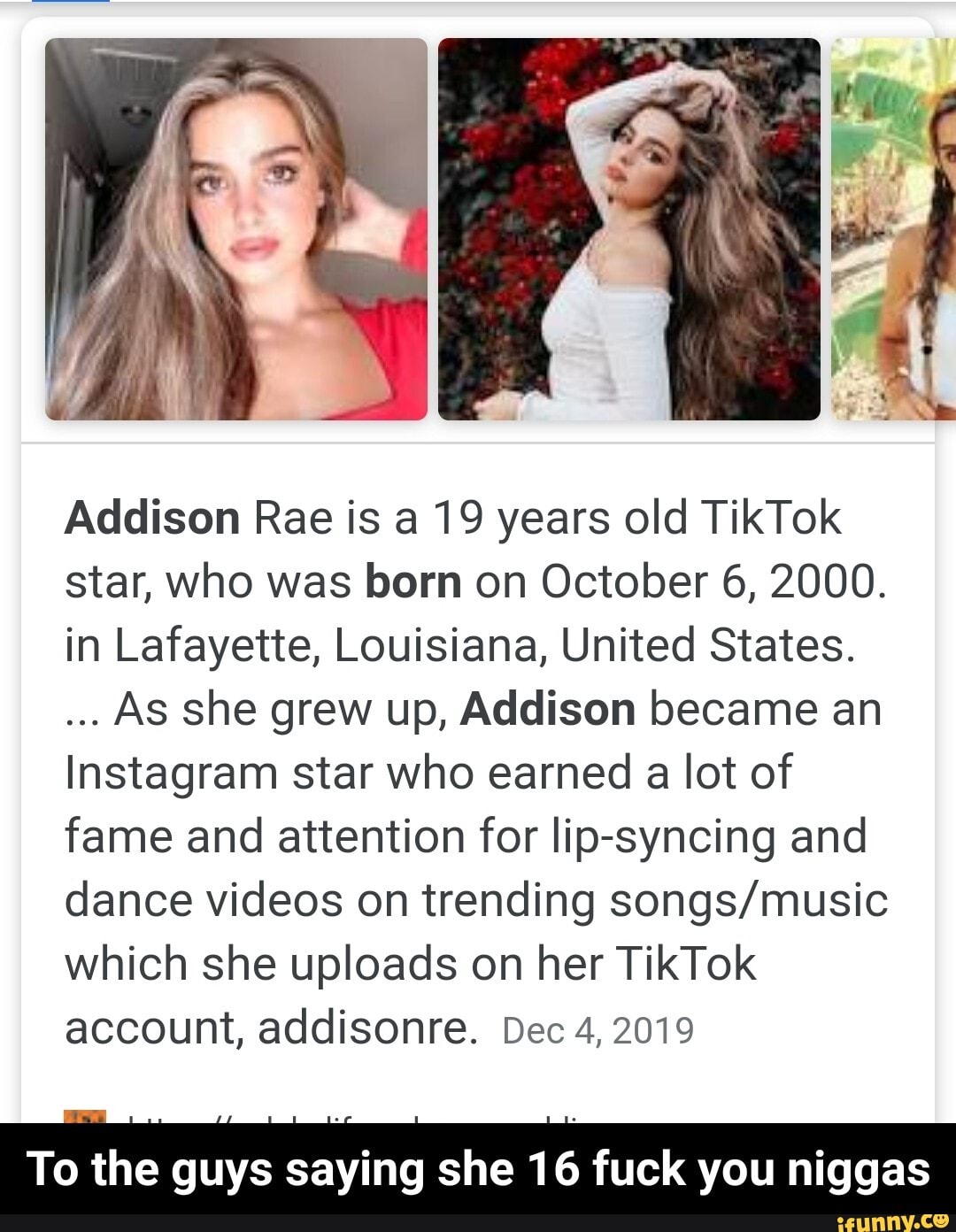 Addison Rae is a 19 years old TikTok star, who was born on October 6 ...