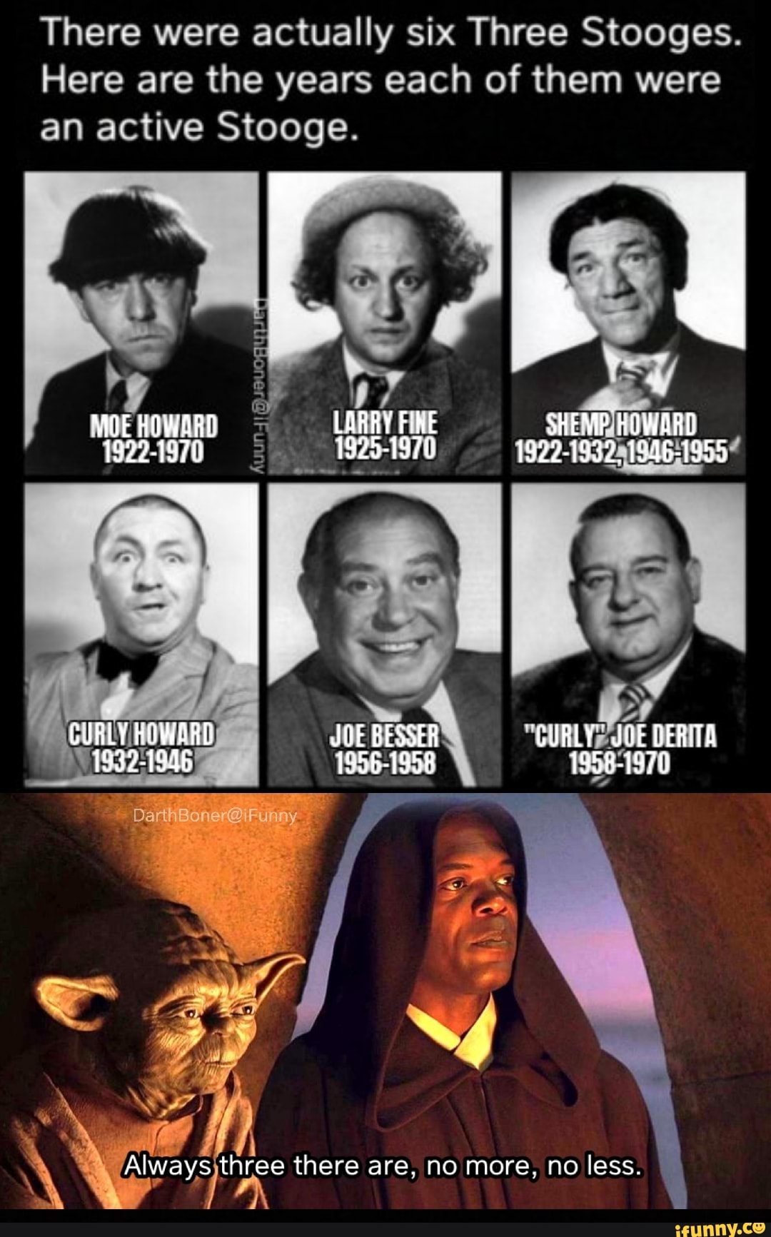 There were actually six Three Stooges. Here are the years each of them ...