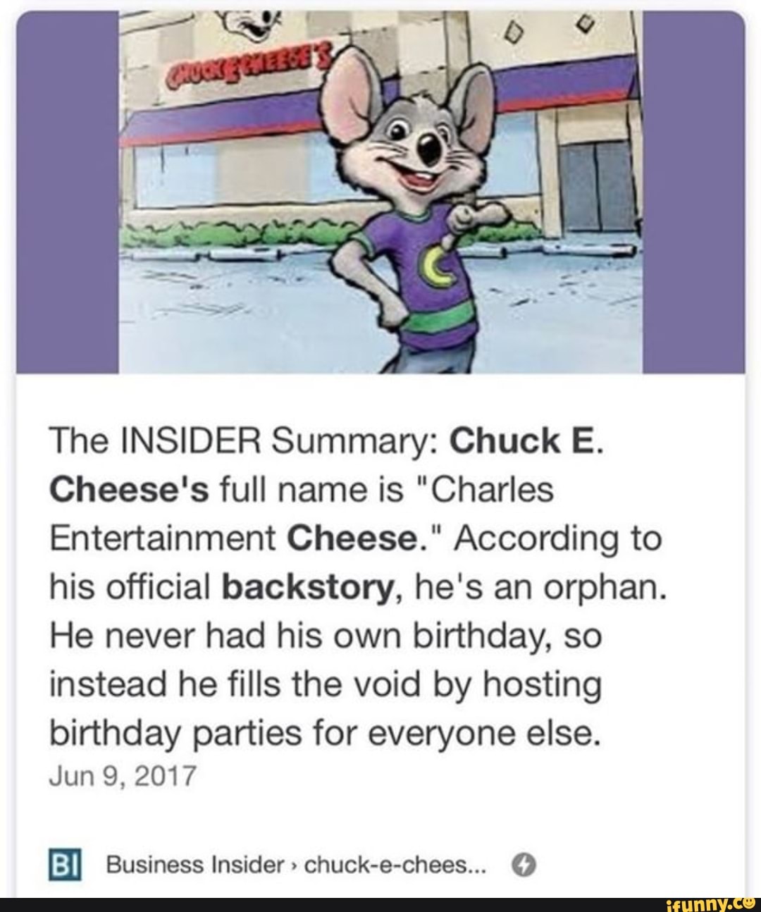 The INSIDER Summary: Chuck E. Cheese's full name is "Charles ...
