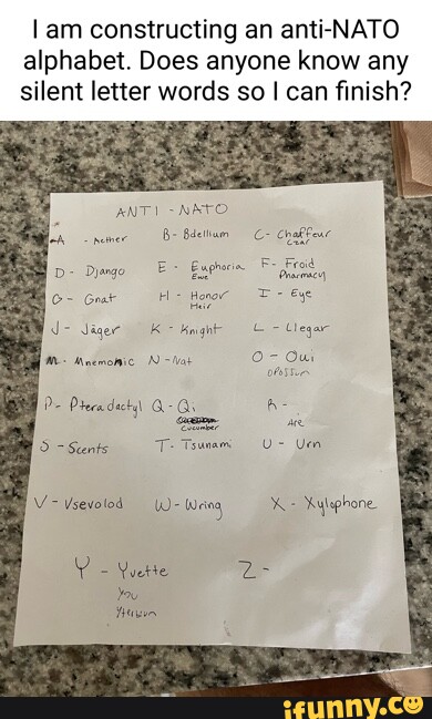Lam constructing an anti-NATO alphabet. Does anyone know any silent ...