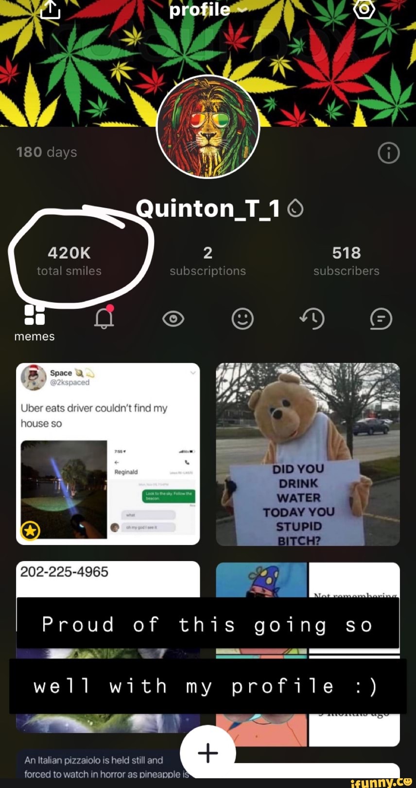 Profile Quinton_T_1 ons 518 subseribers 420K total memes Space heuse Ul ...