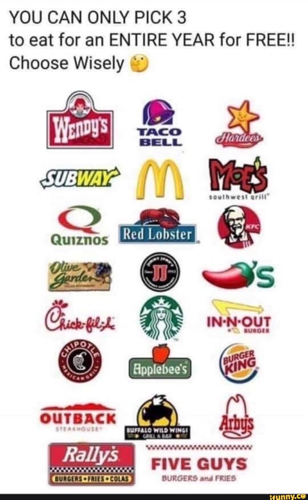 YOU CAN ONLY PICK 3 to eat for an ENTIRE YEAR for FREE!! Choose Wisely ...