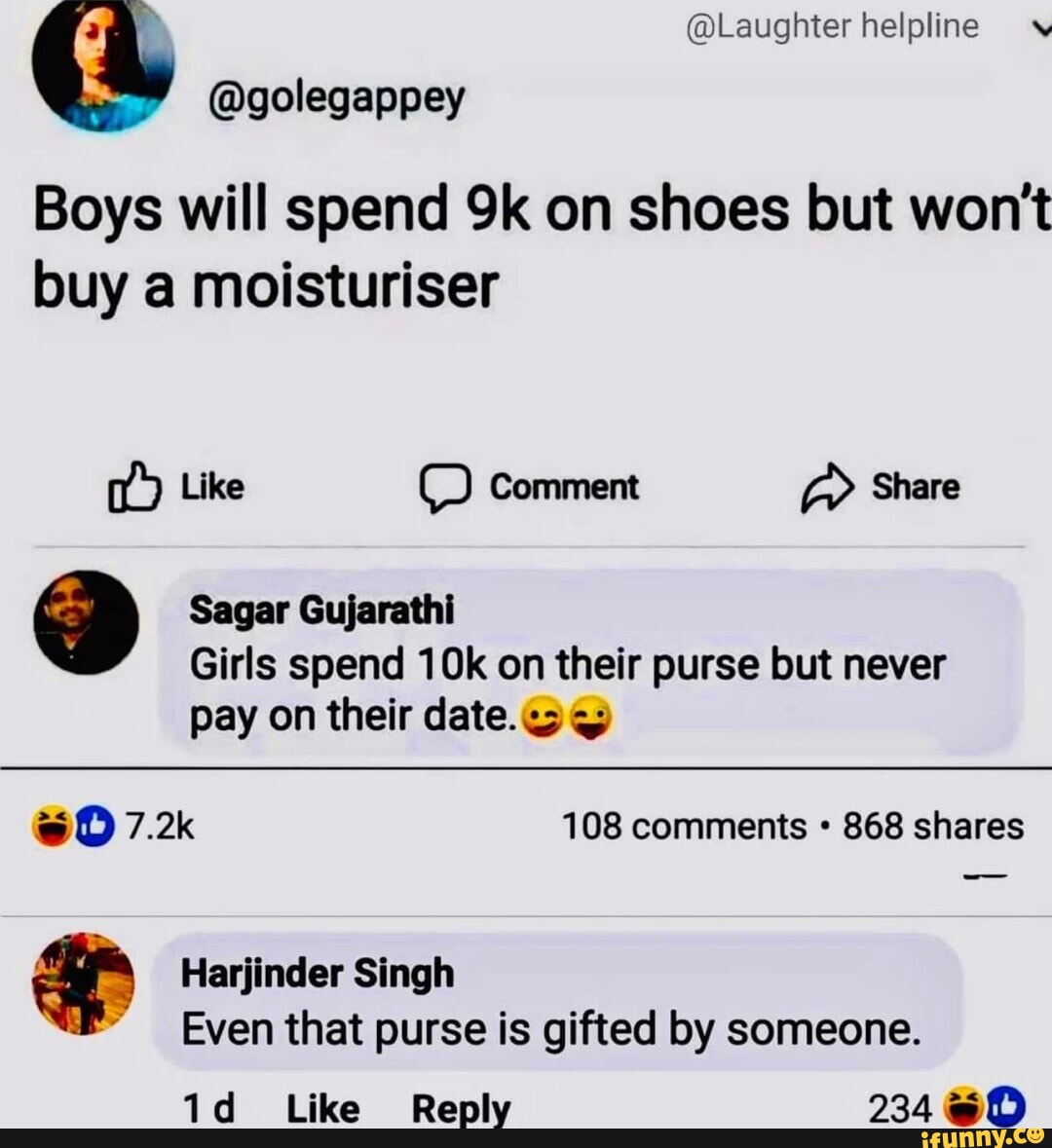 Al @Laughter helpline Boys will spend on shoes but won't buy a ...