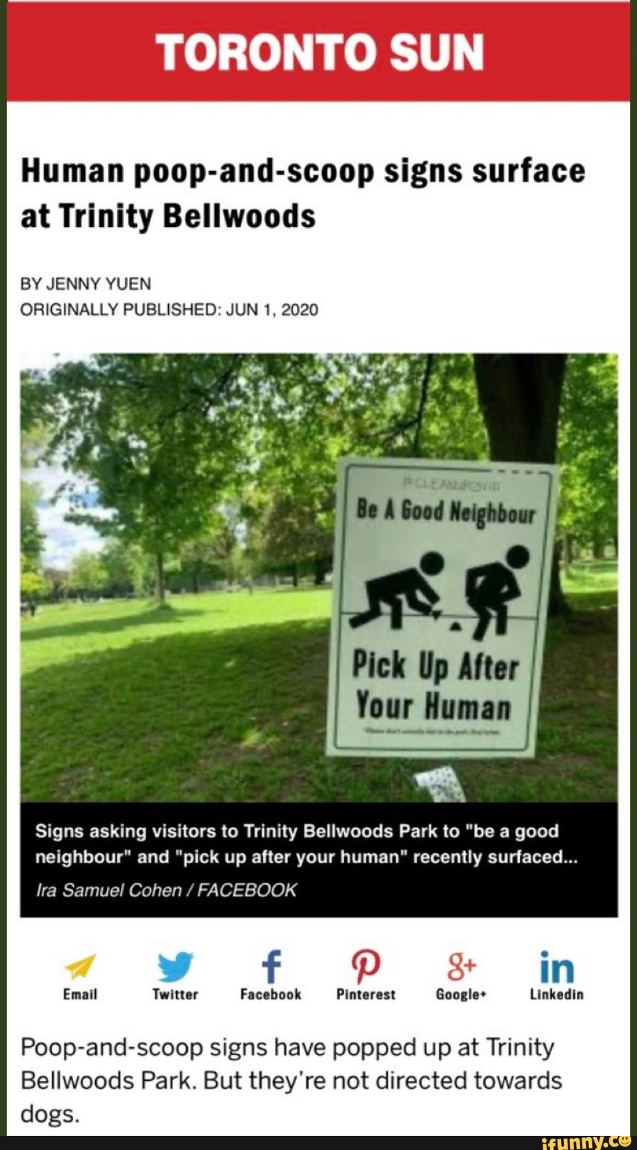 TORONTO SUN Human poop-and-scoop signs surface at Trinity Bellwoods BY ...