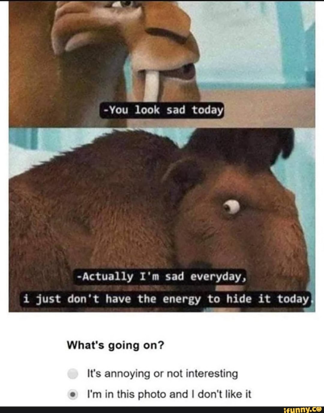 -You look sad -Actually I'm sad everyday, i just don't have the energy ...