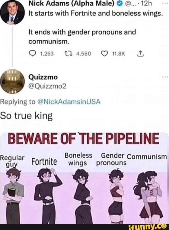 Nick Adams (Alpha Male) It starts with Fortnite and boneless wings. It ...