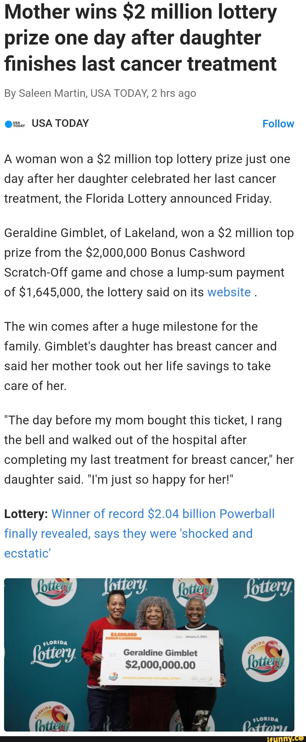 Mother wins $2 million lottery prize one day after daughter finishes ...