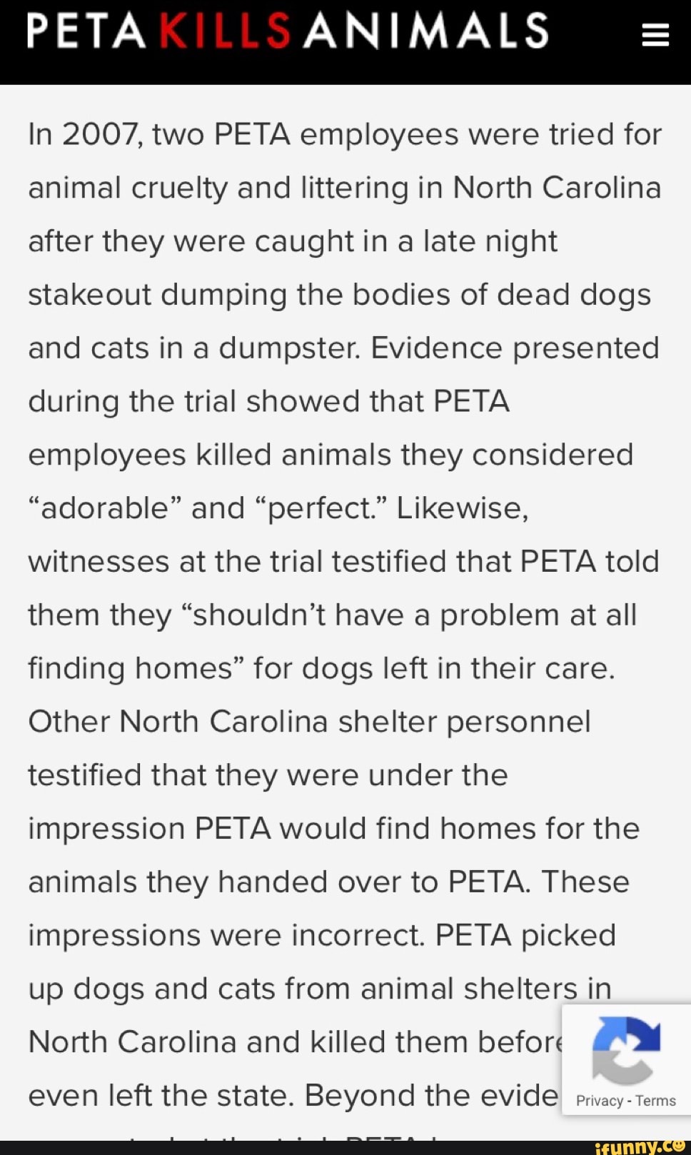 PETA ANIMALS E In 2007, two PETA employees were tried for animal ...