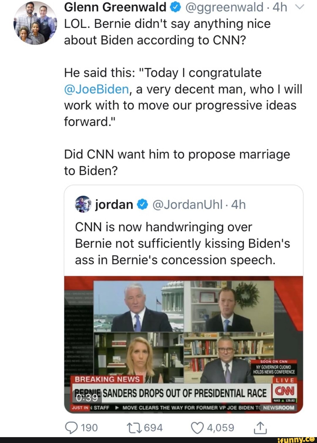 Glenn Greenwald Y @ggreenwald ha LOL. Bernie didn't say anything nice ...