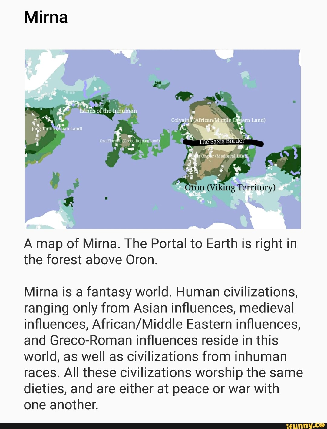 A map of Mirna. The Portal to Earth is right in the forest above Oron ...