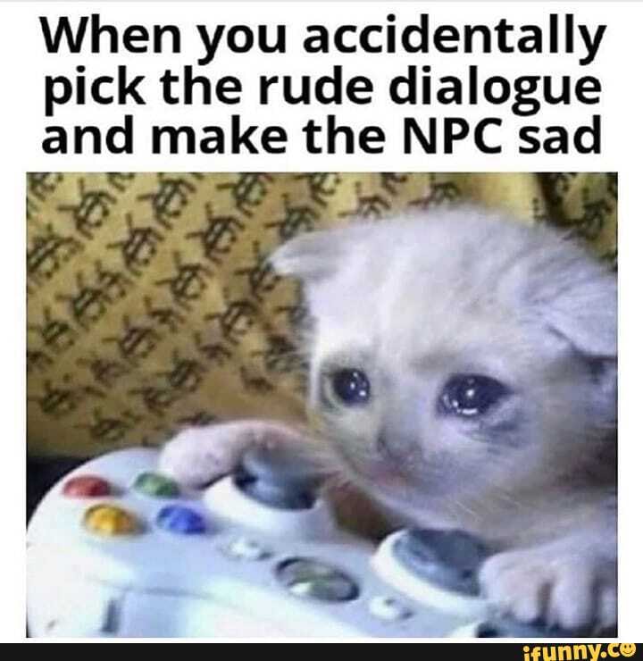When you accidentally pick the rude dialogue and make the NPC sad - iFunny