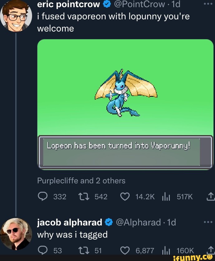 , eric pointcrow @PointCrow Id i fused vaporeon with lopunny you're ...