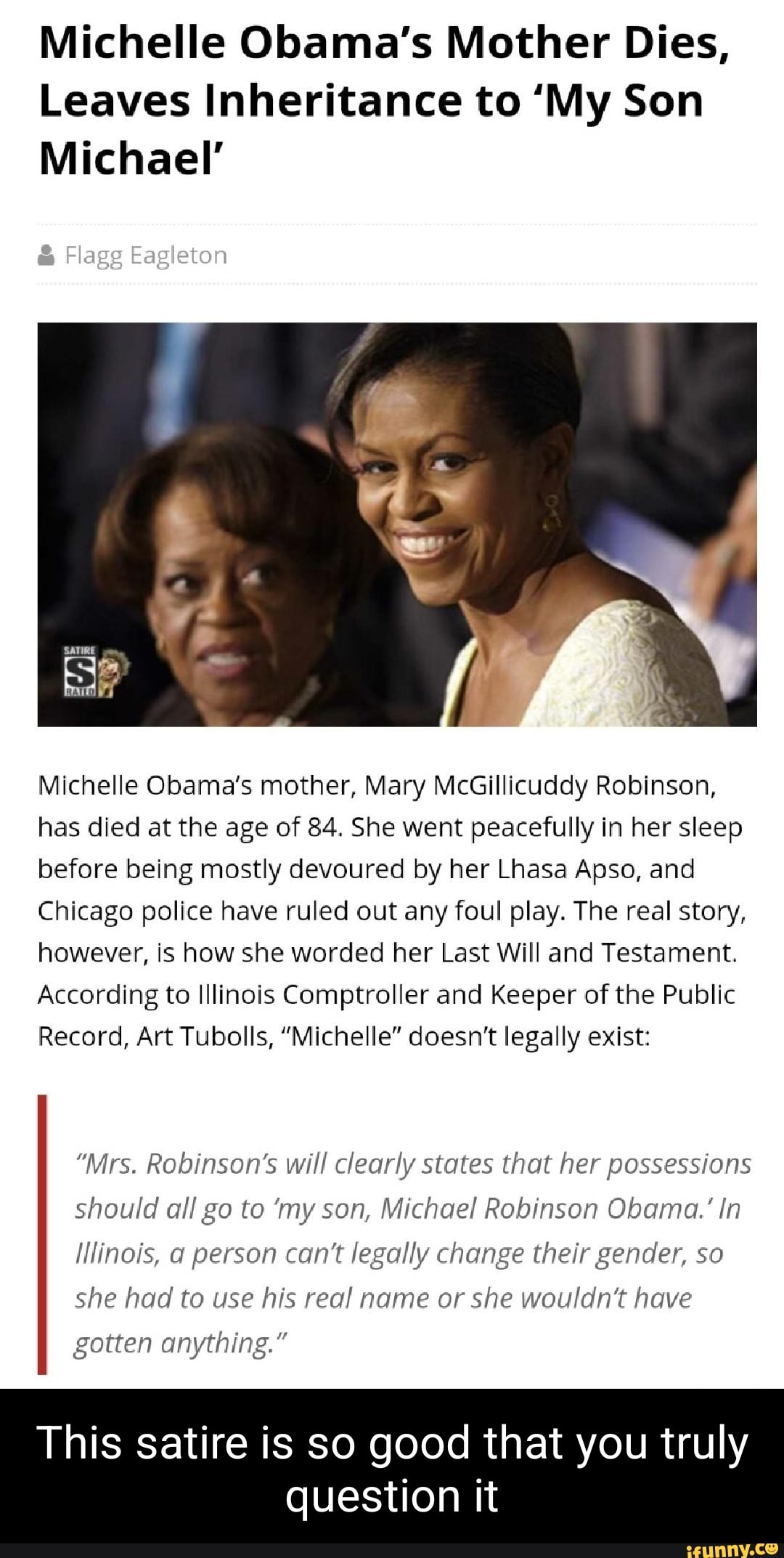 Michelle Obama's Mother Dies, Leaves Inheritance to 'My Son Michael ...