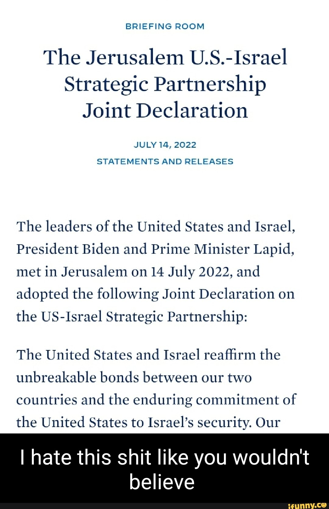 BRIEFING ROOM The Jerusalem U.S.-Israel Strategic Partnership Joint ...