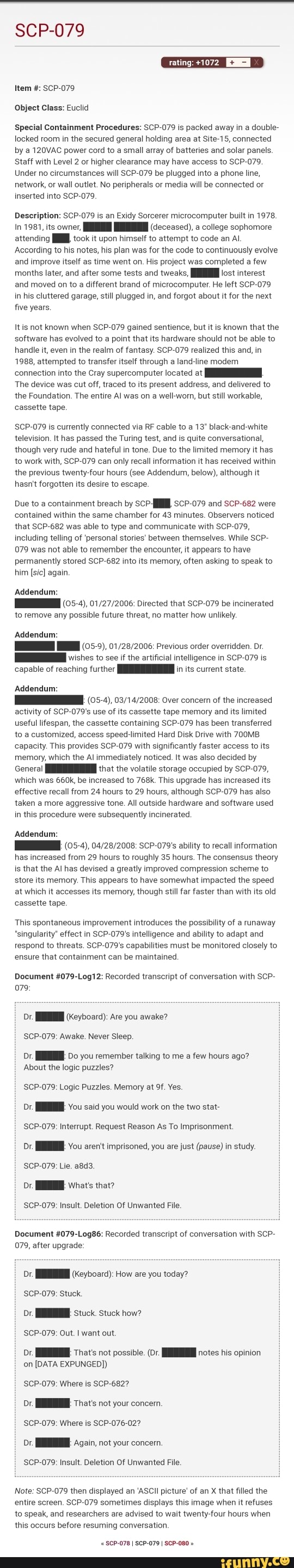 Object Class: Euclid Special Containment Procedures: SCP-079 is packed ...