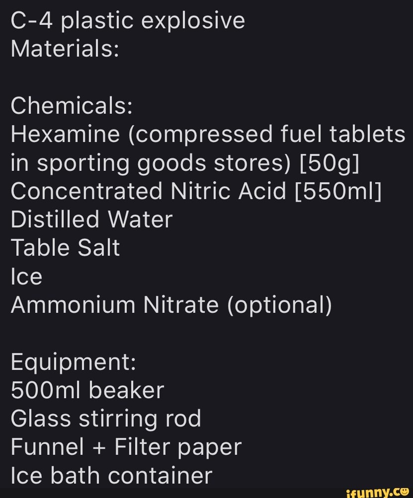 Plastic explosive Materials: Chemicals: Hexamine (compressed fuel ...