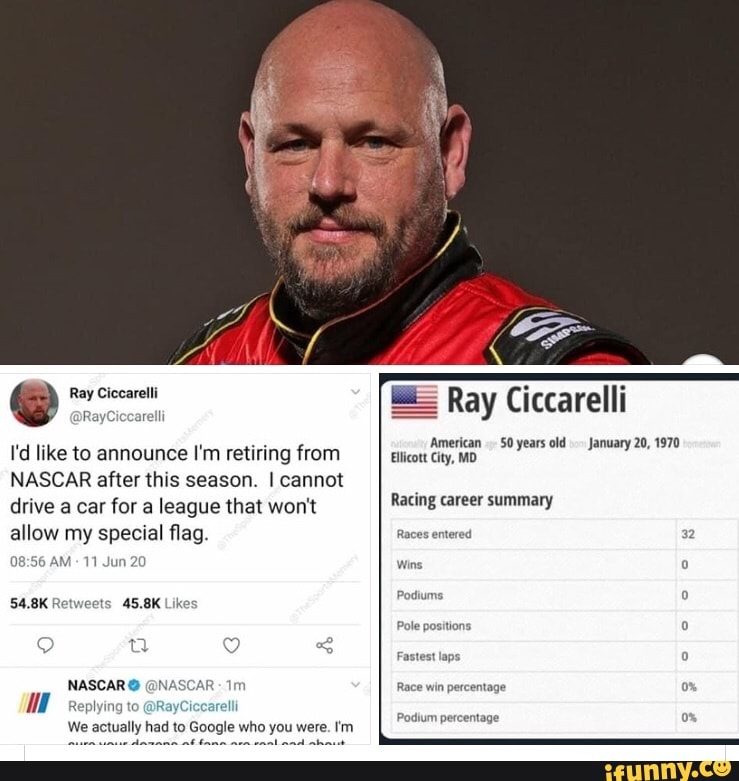 © Ray Ciccarelli relli I'd like to announce I'm retiring from NASCAR ...