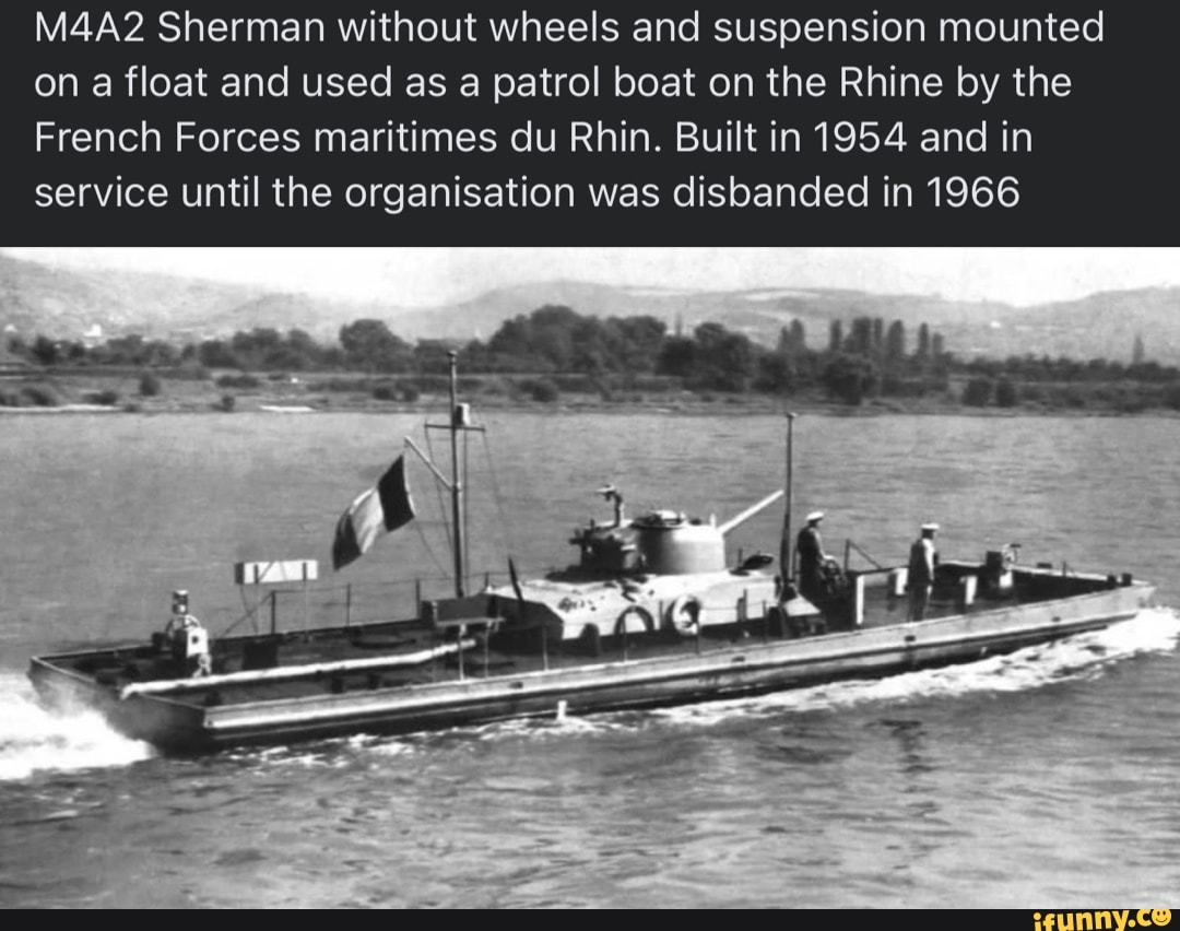 M4A2 Sherman without wheels and suspension mounted on a float and used ...