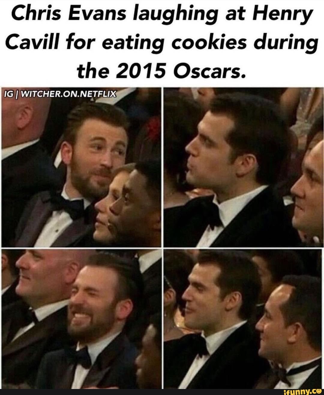 Chris Evans laughing at Henry Cavill for eating cookies during the 2015 ...