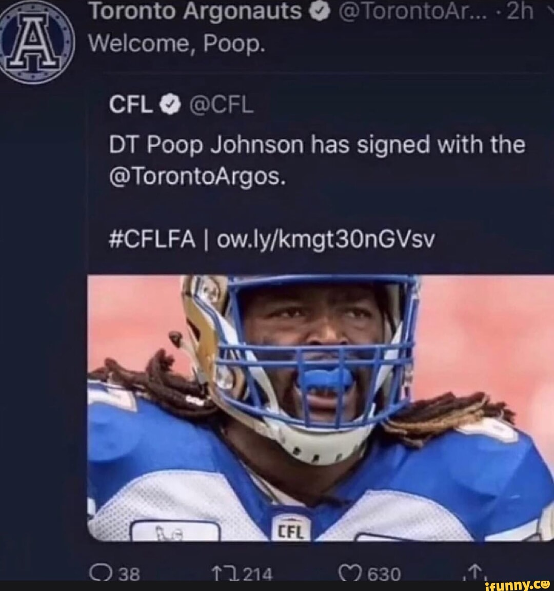 Toronto Argonauts Welcome, Poop. CFL @CFL DT Poop Johnson has signed ...