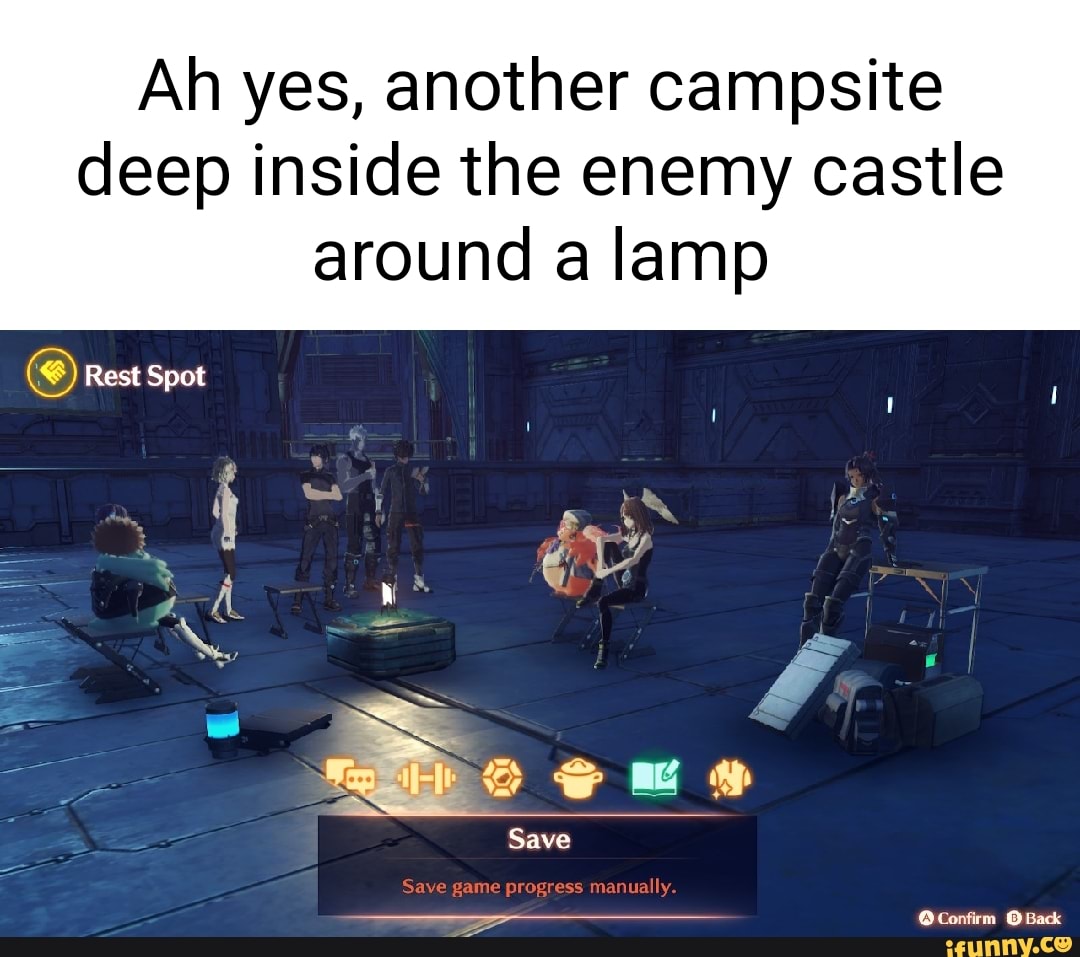 Ah yes, another campsite deep inside the enemy castle around a lamp ...