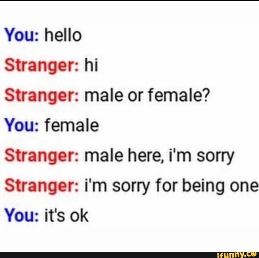 You: hello Stranger: hi Stranger: male or female? You: female Stranger ...