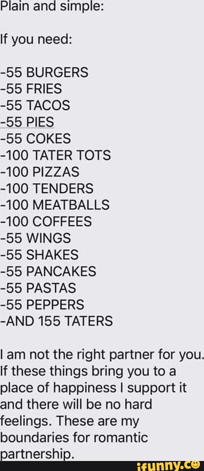 Plain and simple: If you need: -55 BURGERS -55 FRIES -55 TACOS -55 PIES ...