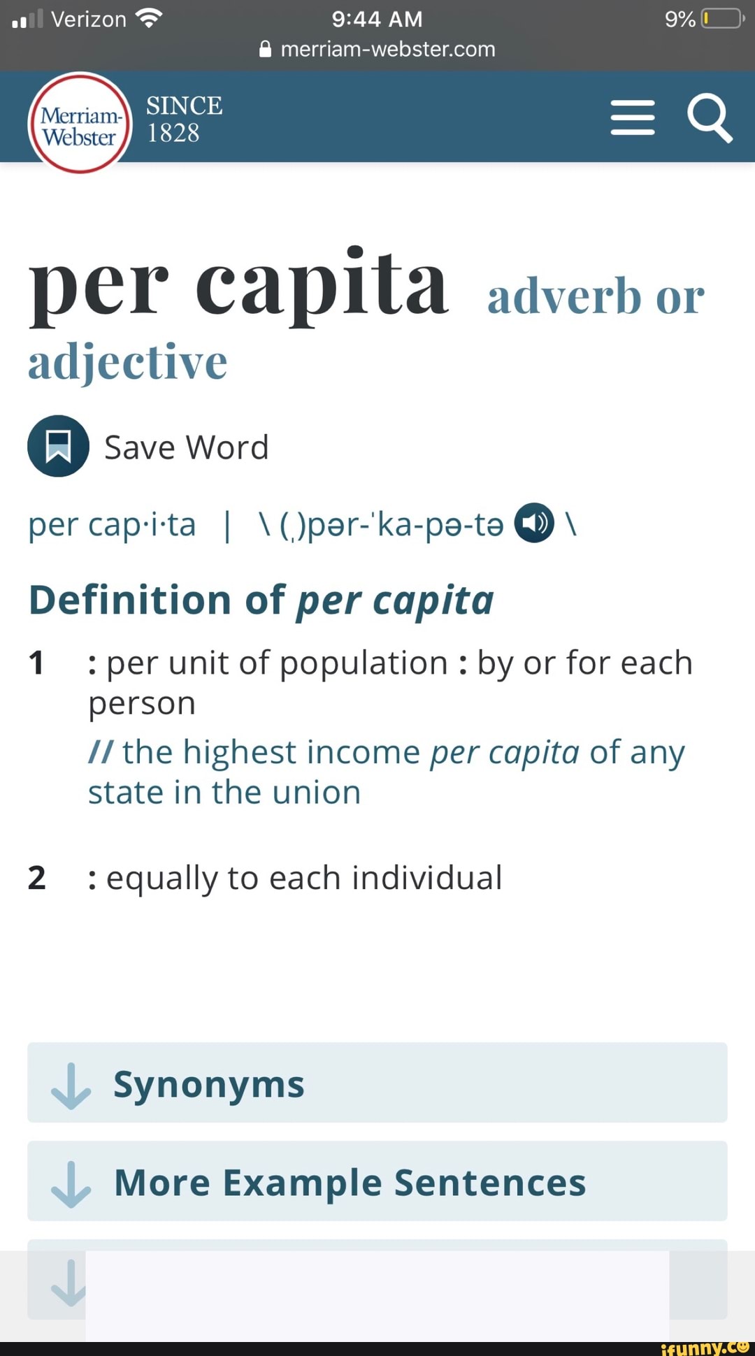 SINCE Merriam- Webster AM 1828 per capila adverb or adjective Save Word ...