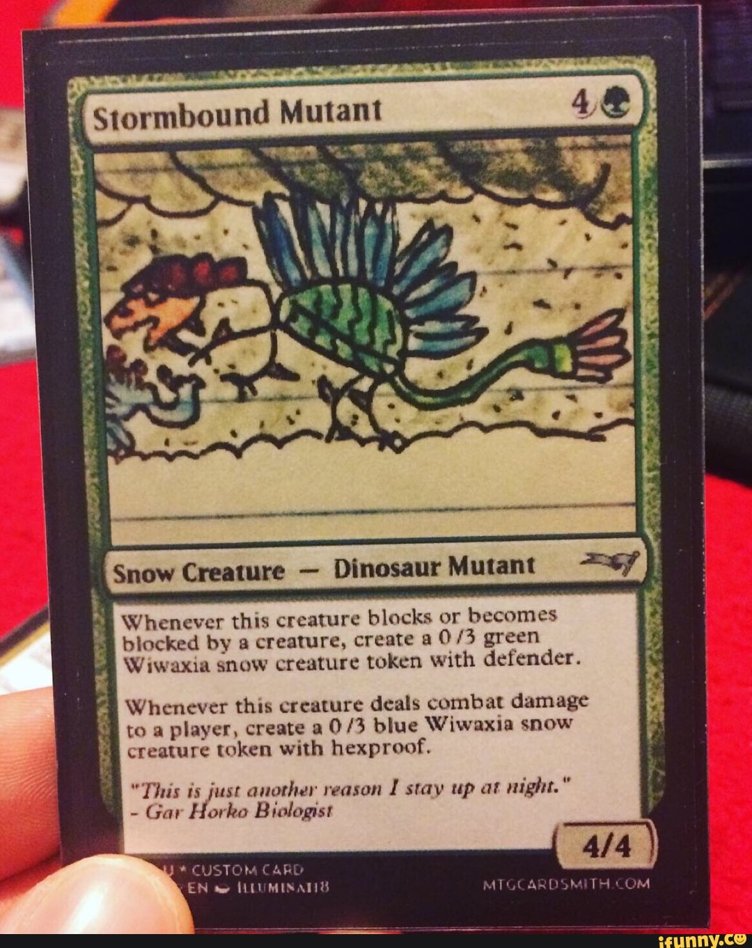 Snow Creature Dinosaur Mutant =4/ Whenever this creature blocks or ...