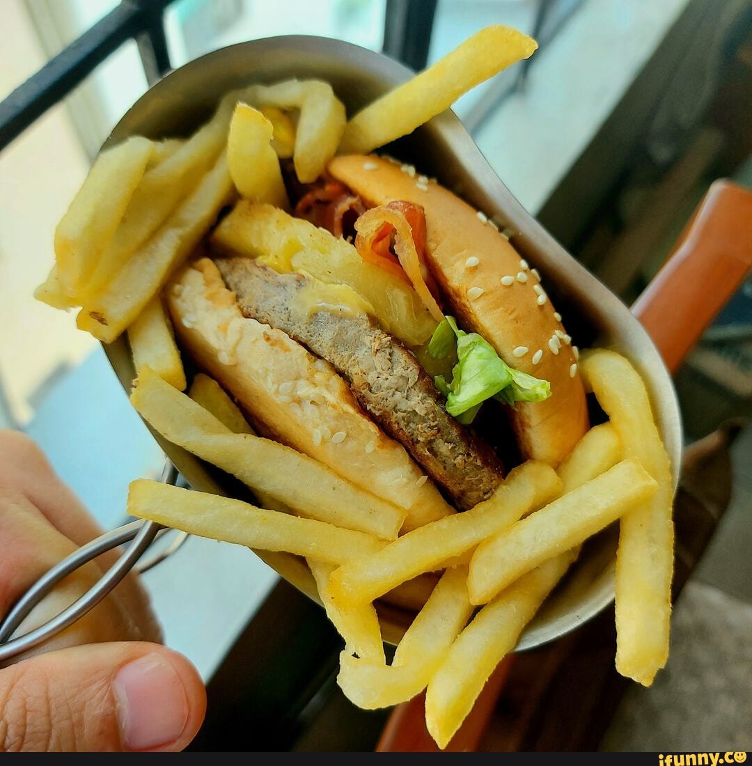 Jollibee Amazing Aloha Champ burger with fries in my canteen cup - iFunny
