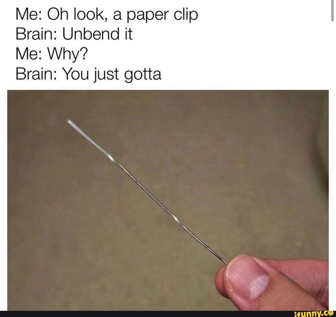 Me: Oh look, a paper clip Brain: Unbend it Me: Why? Brain: You just ...