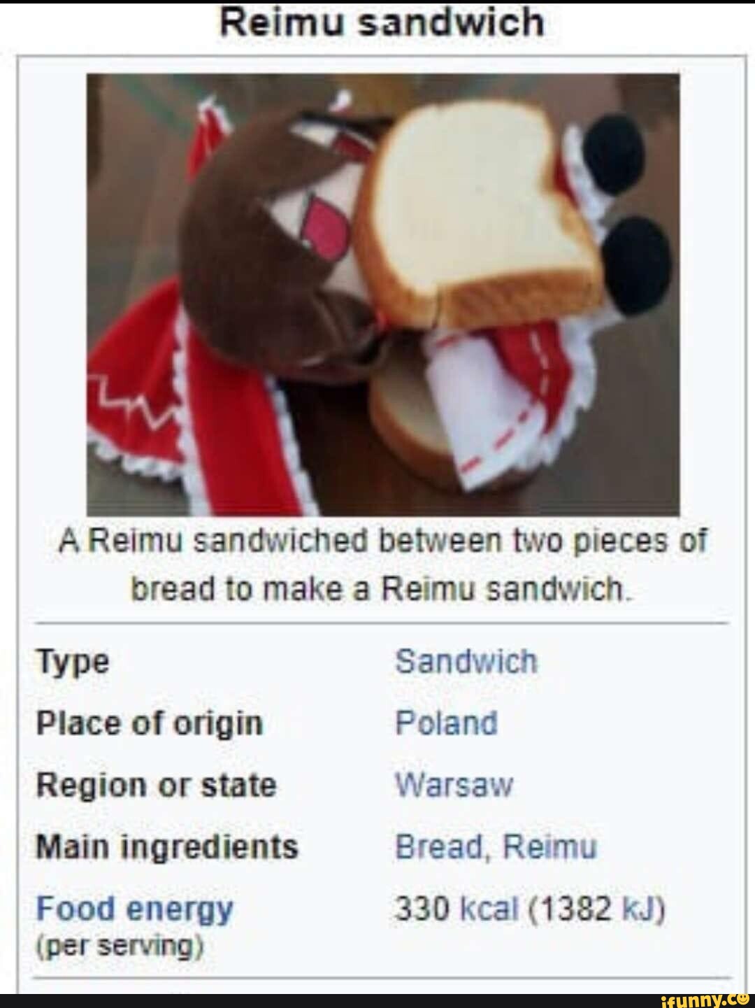 Reimu sandwich A Reimu sandwiched between two pieces of bread to make a ...