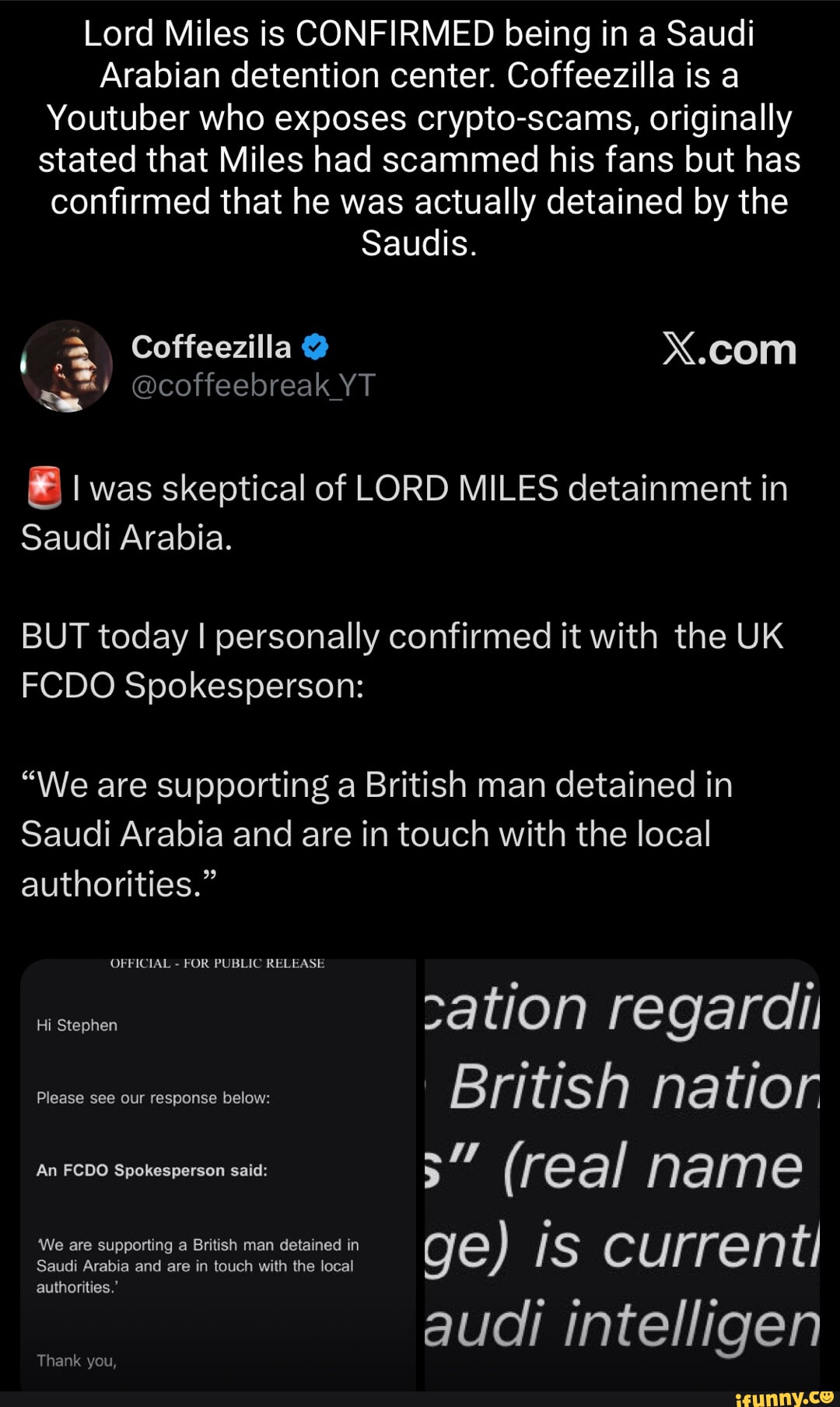 Lord Miles is CONFIRMED being in a Saudi Arabian detention center ...